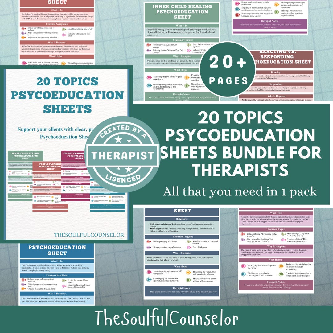 Therapist Psychoeducation Sheets Bundle, Mental Health Printables ...