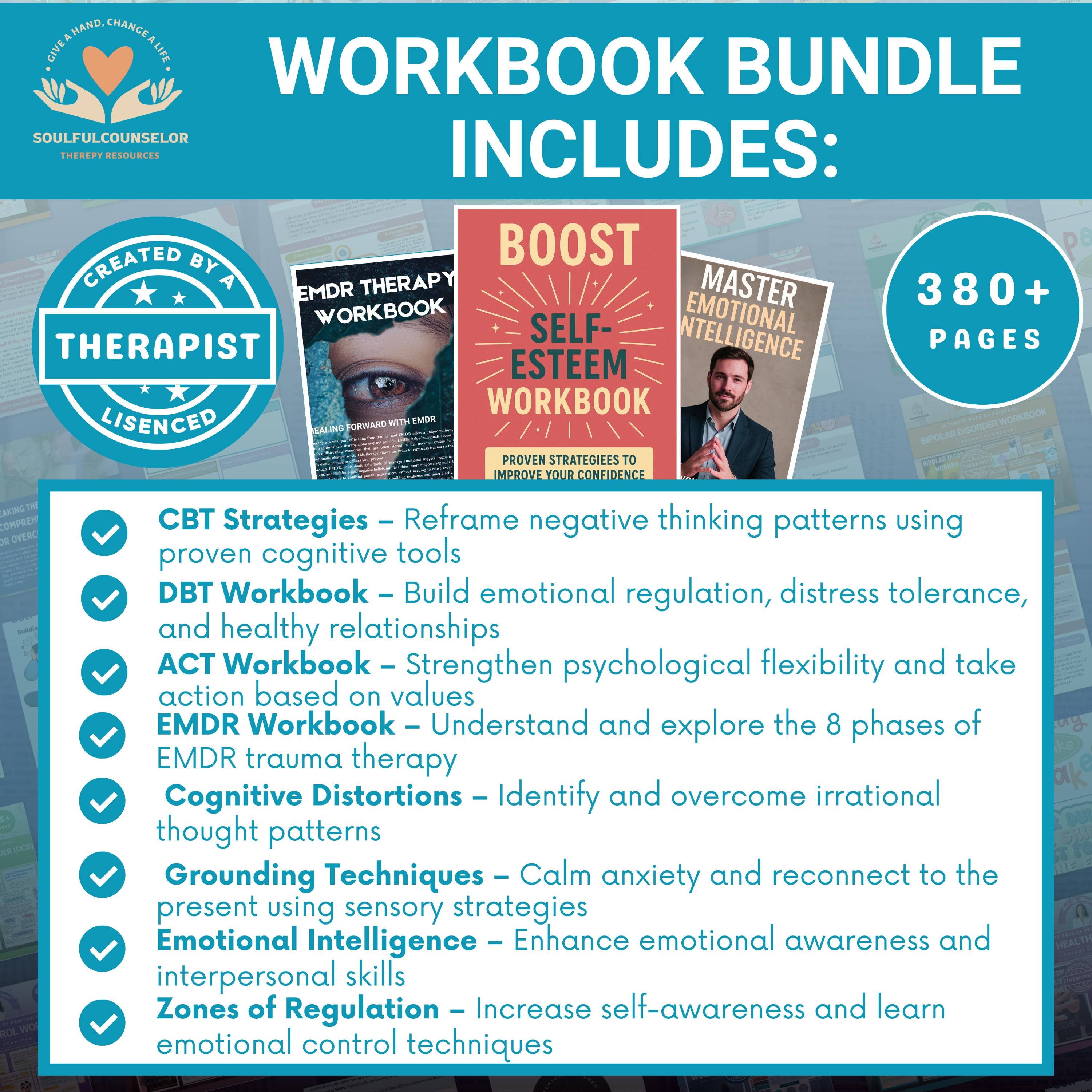Therapy Techniques Workbook Bundle, Cbt, DBT, ACT, EMDR Kit & Grounding ...