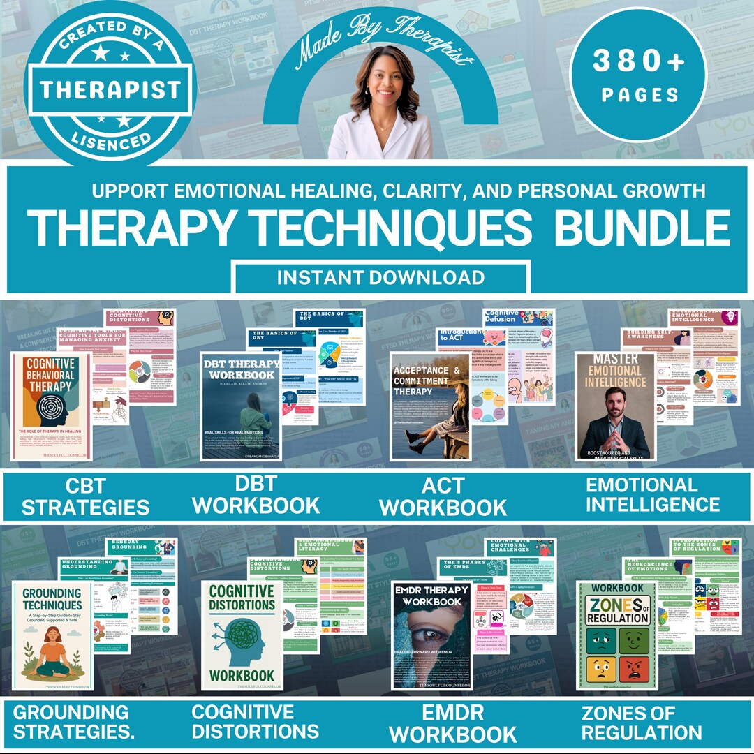 Therapy Techniques Workbook Bundle, Cbt, DBT, ACT, EMDR Kit & Grounding ...