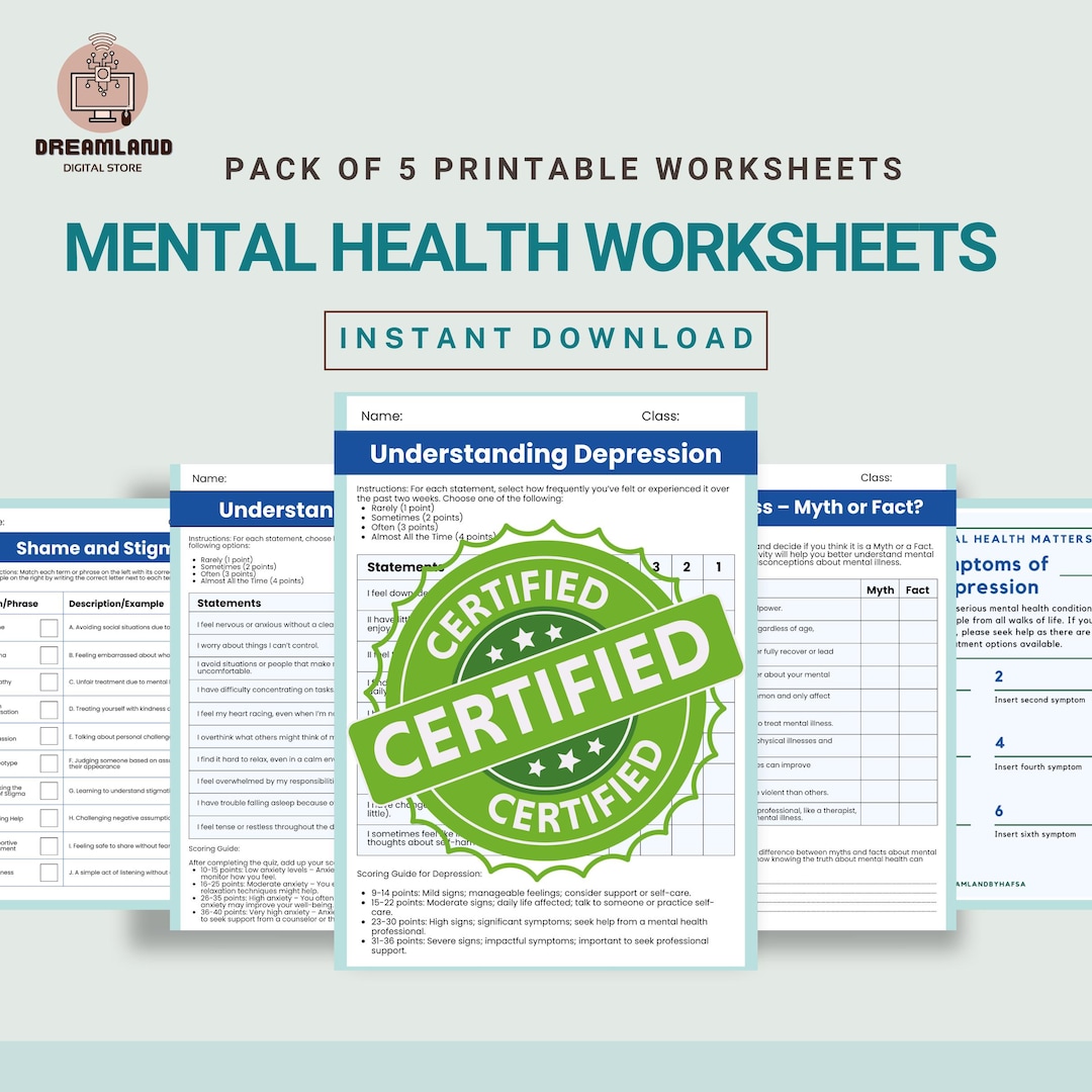 Mental Health Improvement Worksheets Bundle, Depression, Anxiety ...