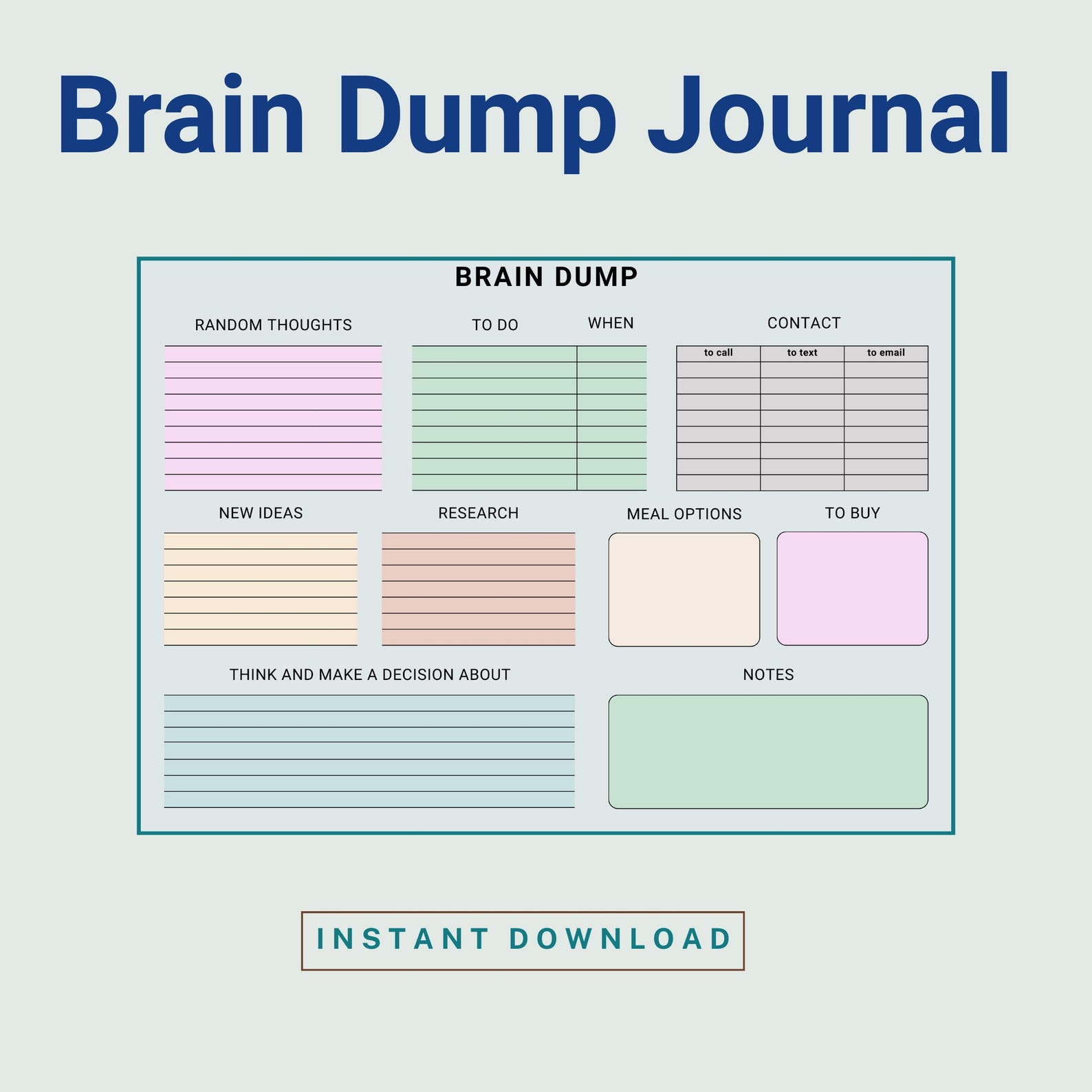 Brain Dump Journal, Printable Brain Dump Worksheet, Digital Download ...