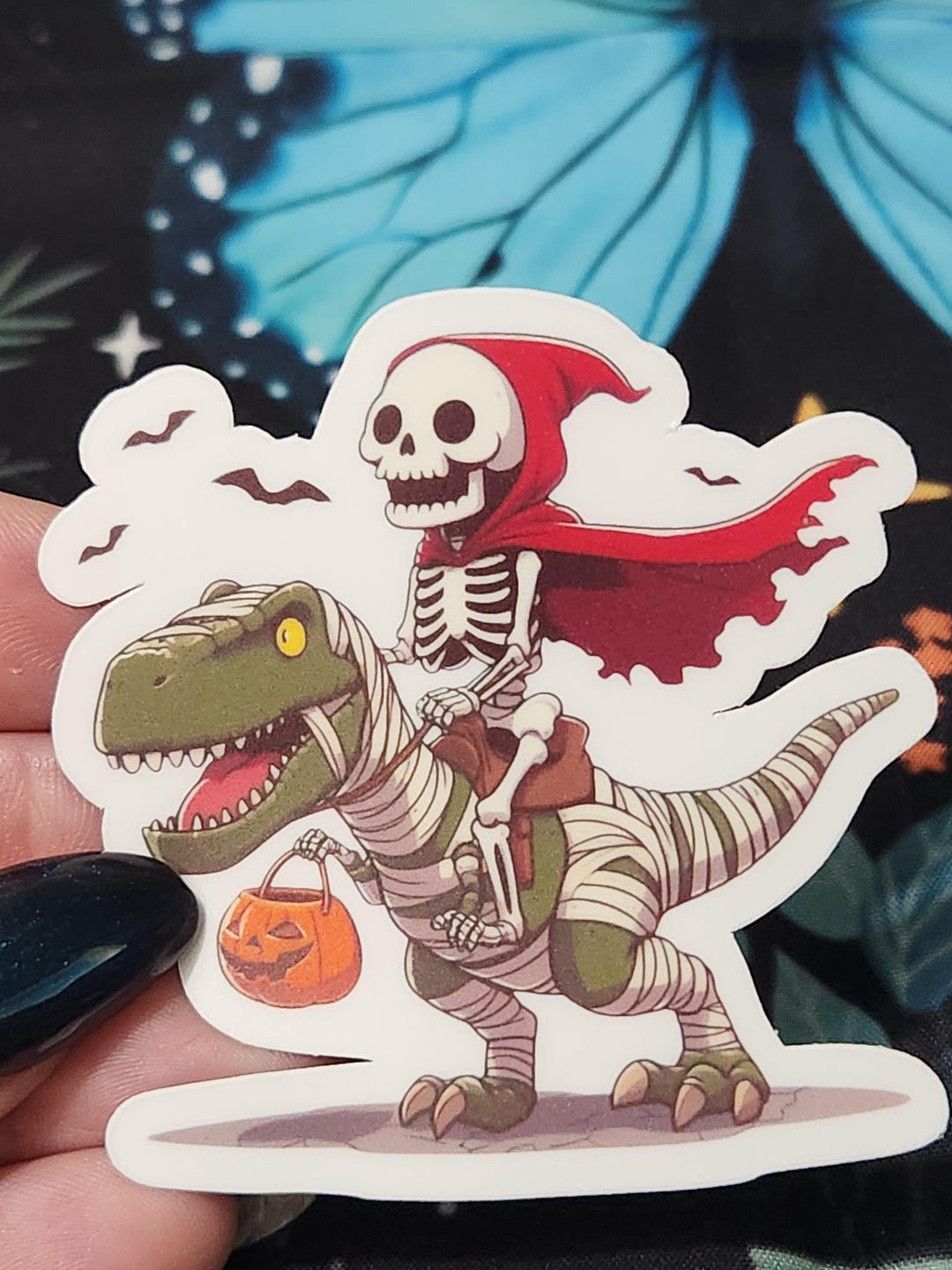 Skeleton Riding Mummy T-rex Sticker – Funny Halloween Dinosaur Trick or ...