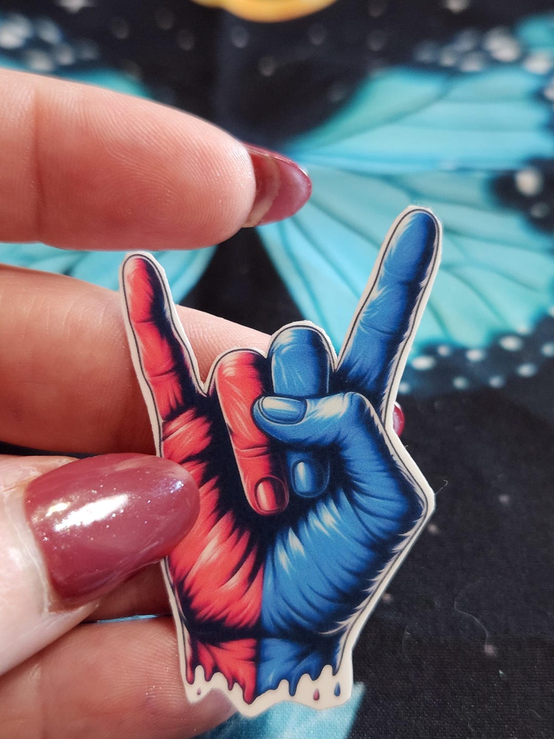 Rock on Hand Sticker | Metal Music Decal | Pink and Blue Matte or ...