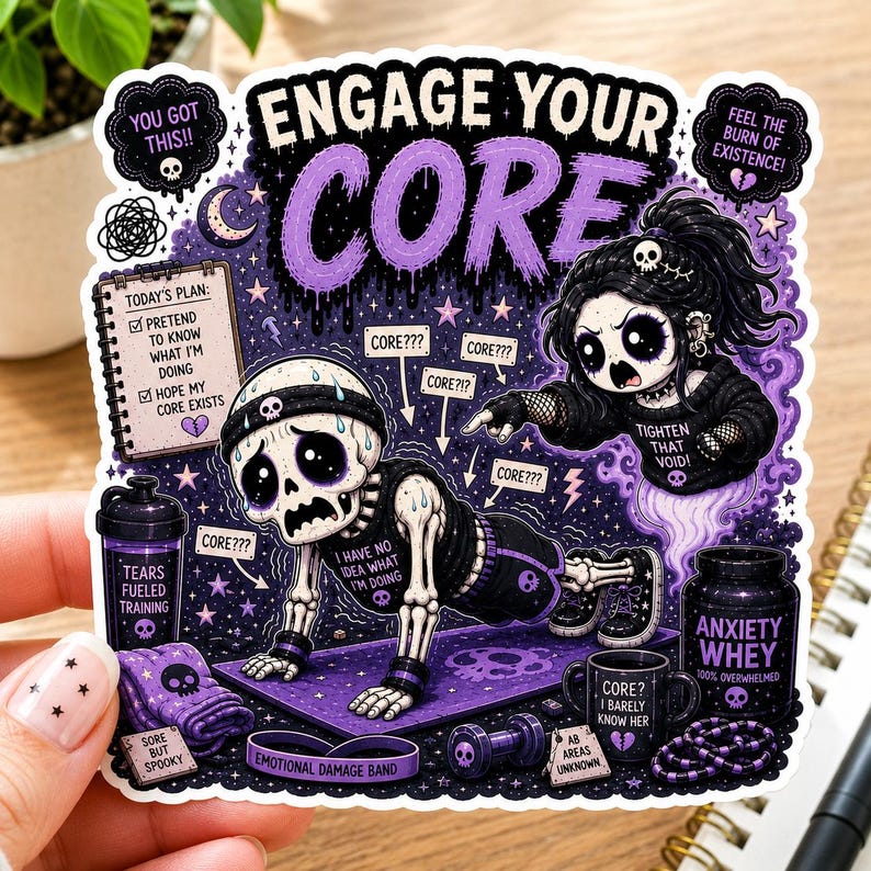 Skeleton Fitness Sticker, Goth Gym Humor, Core Workout Decal - Etsy