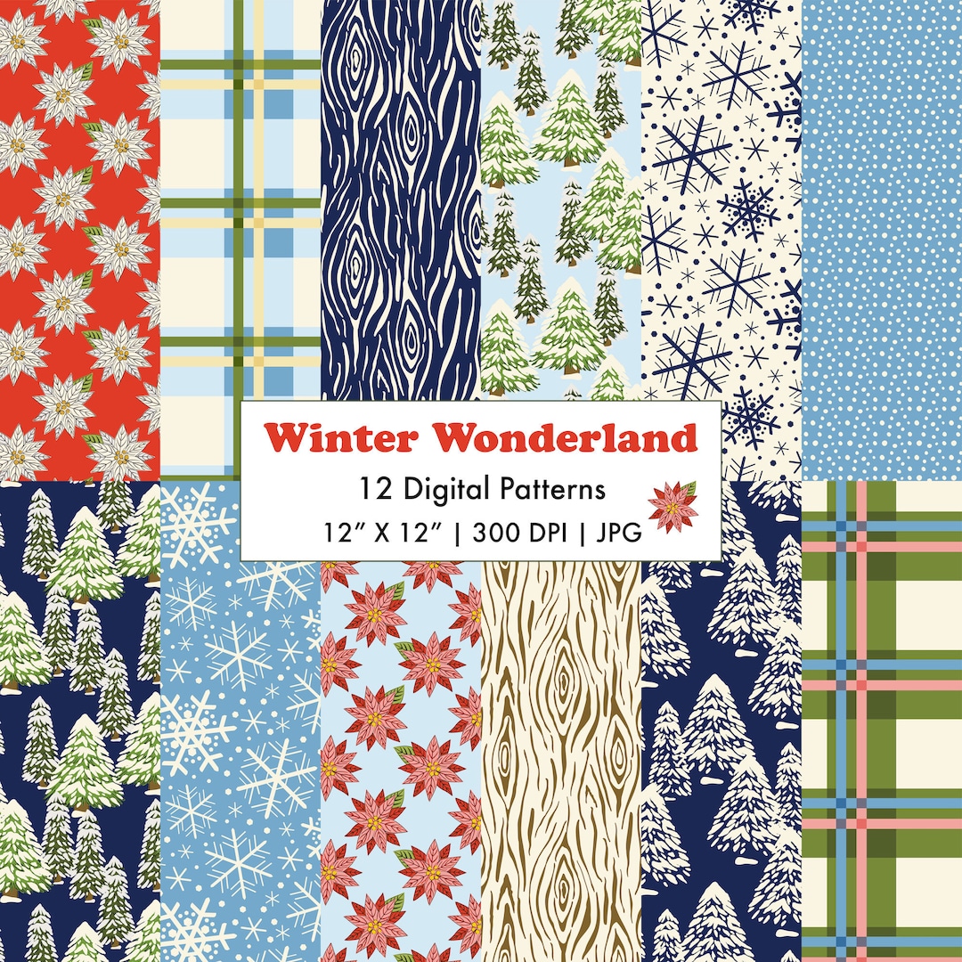 Winter Printable Digital Paper Set With Snowy Trees, Snowflakes, and ...