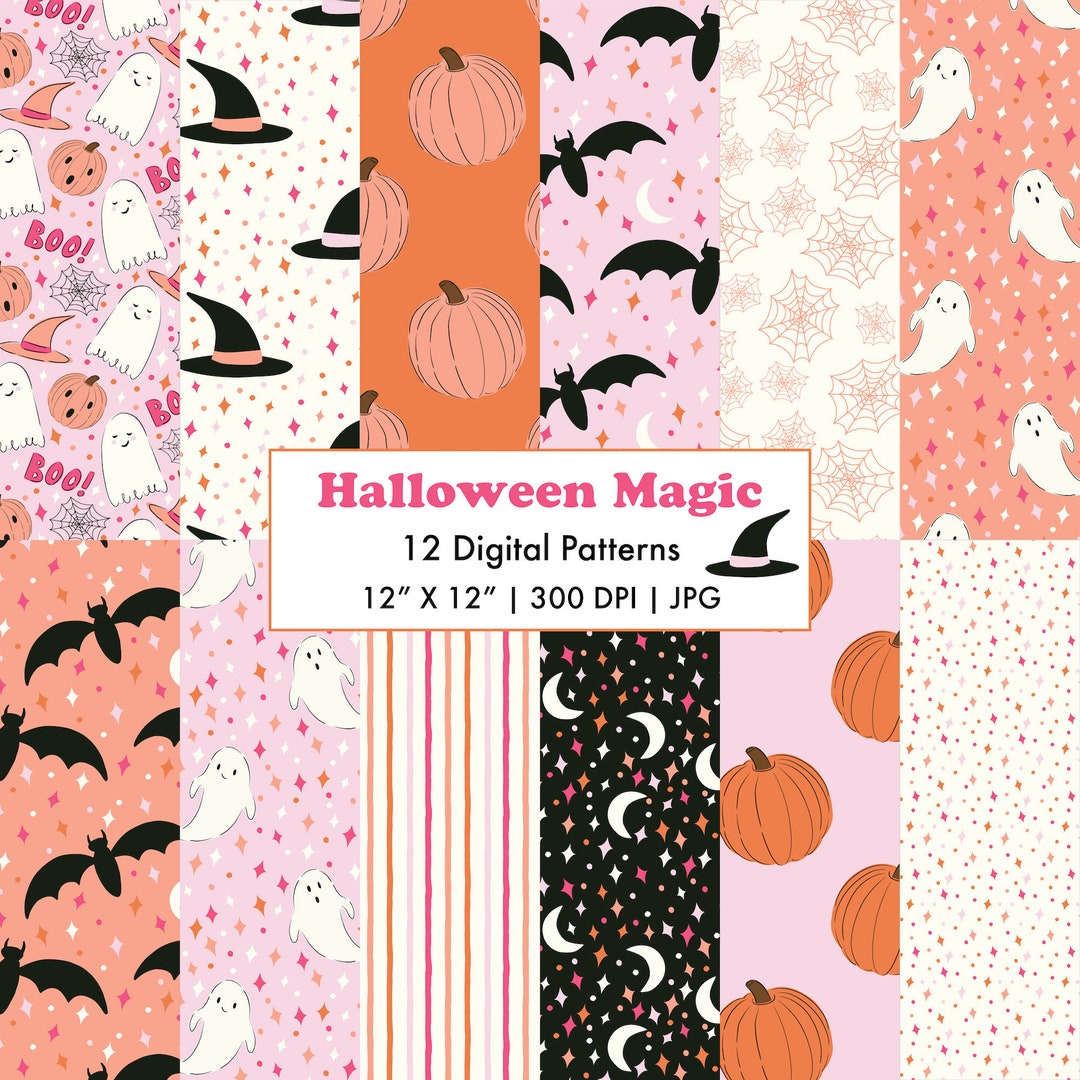 Halloween Magic Printable Digital Paper Set With Ghosts, Witch Hats ...