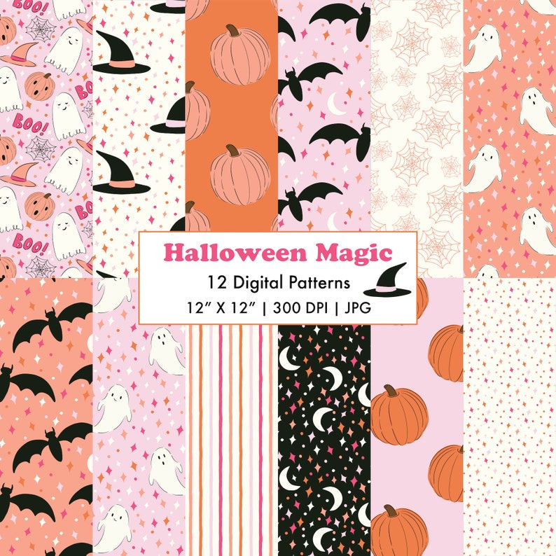 Halloween Magic Printable Digital Paper Set With Ghosts, Witch Hats ...