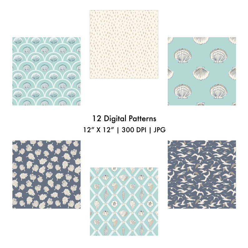Salty Shells Printable Digital Paper Set Featuring Beach Motif Patterns ...