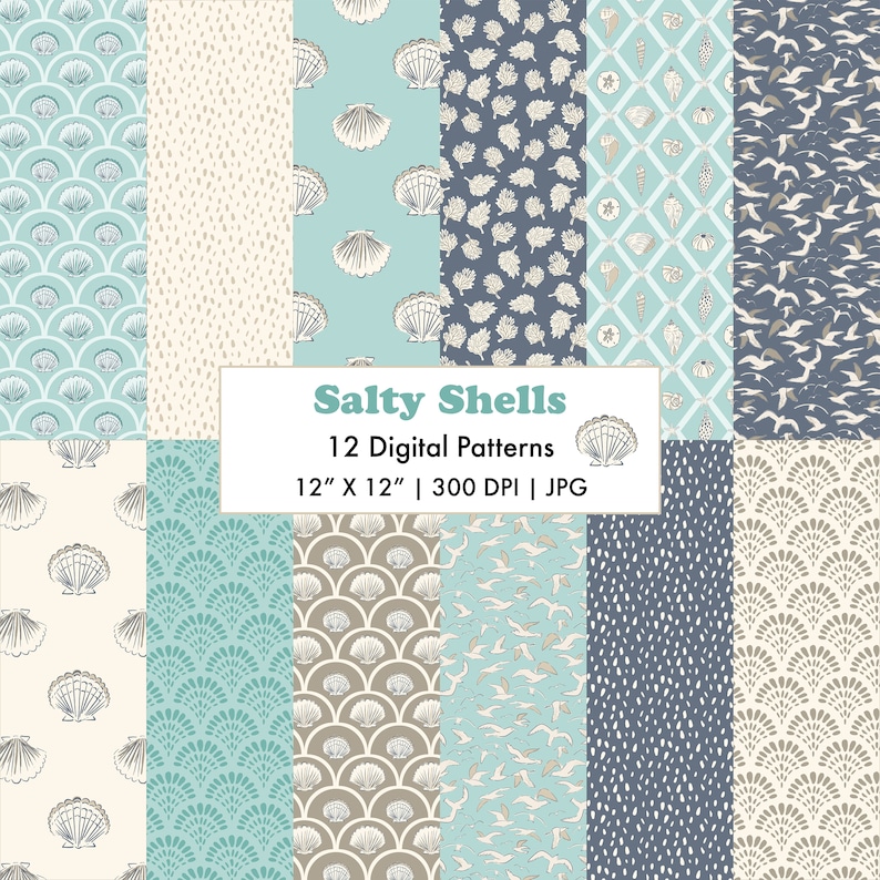 Salty Shells Printable Digital Paper Set Featuring Beach Motif Patterns ...