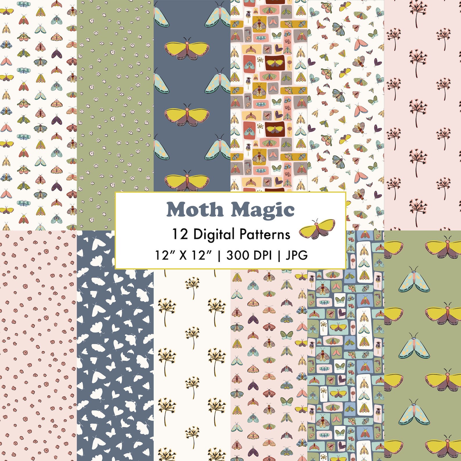 Moth Magic Printable Digital Paper Set, Seamless Repeat Pattern Set - Etsy