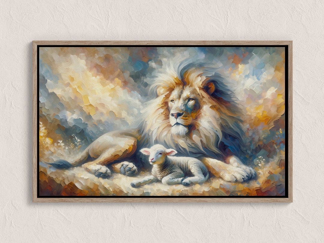 Lion and the Lamb | Framed Oil Paint Print Canvas | Religious Decor ...