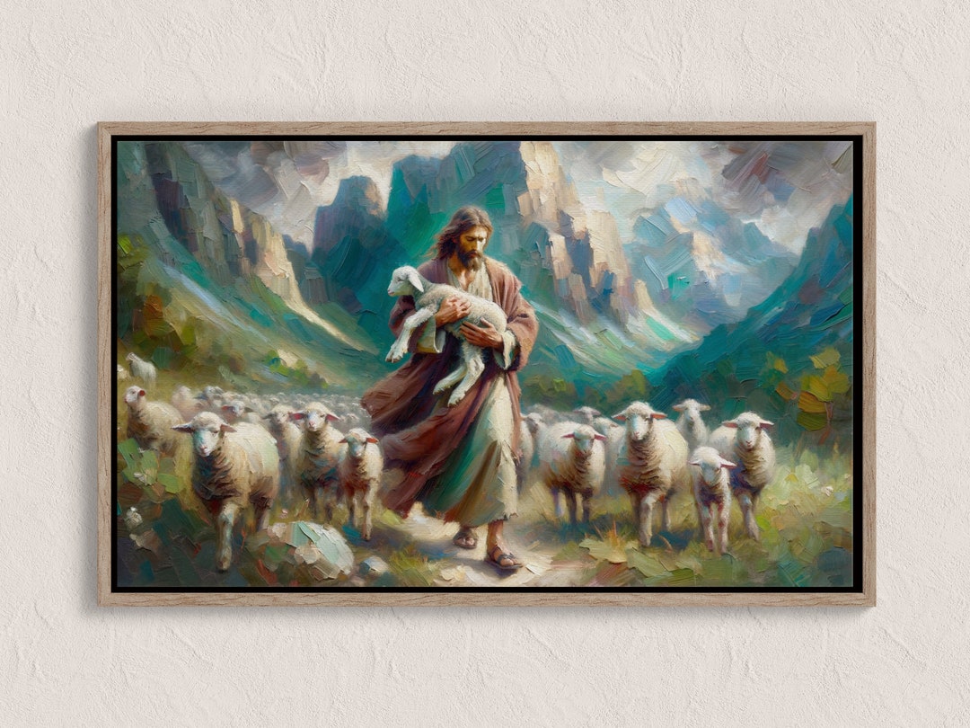 Shepherd’s Rescue | Jesus Sheep | Oil Paint Print Canvas | Living Room ...