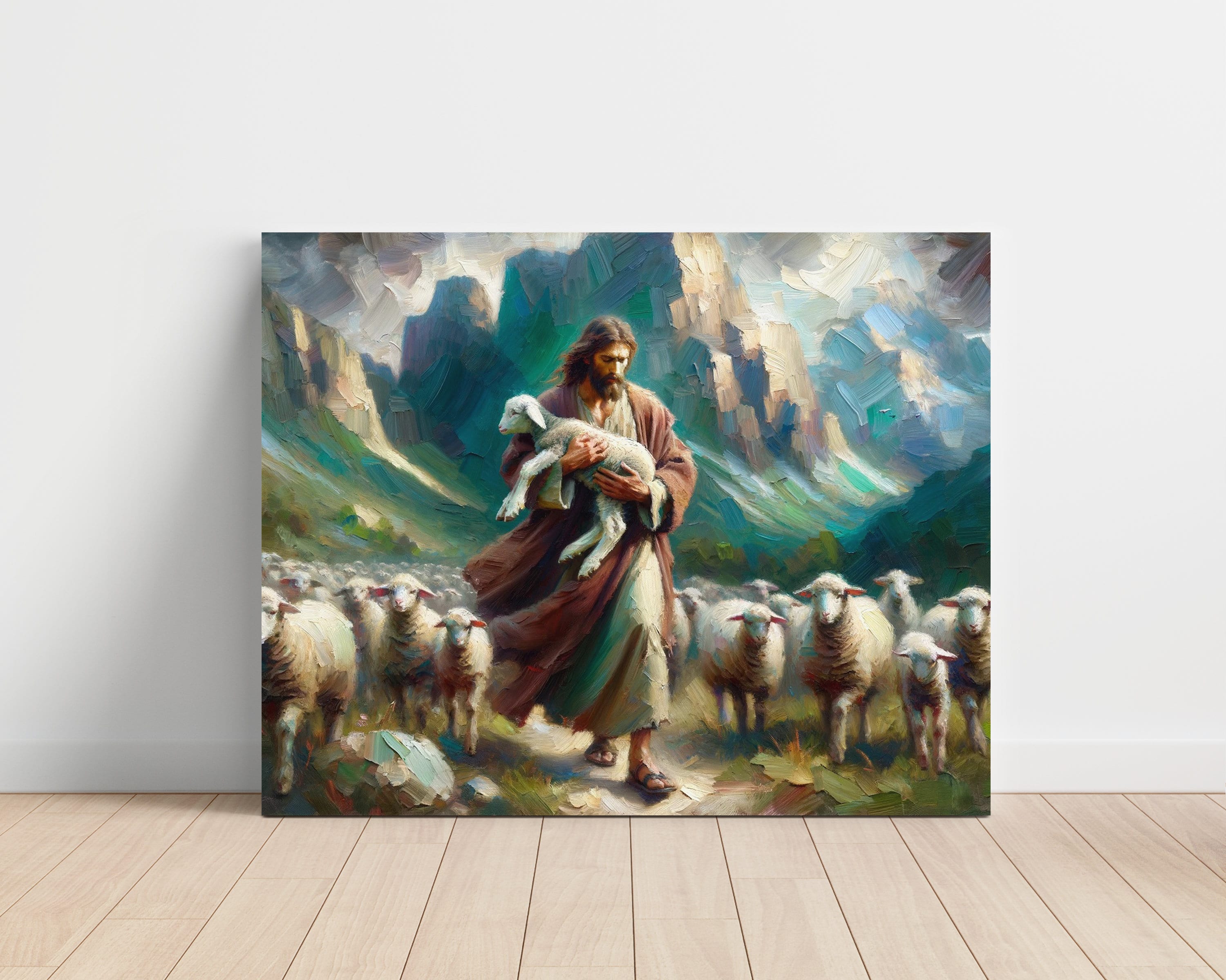 Shepherd’s Rescue | Jesus Sheep | Oil Paint Print Canvas | Living Room ...