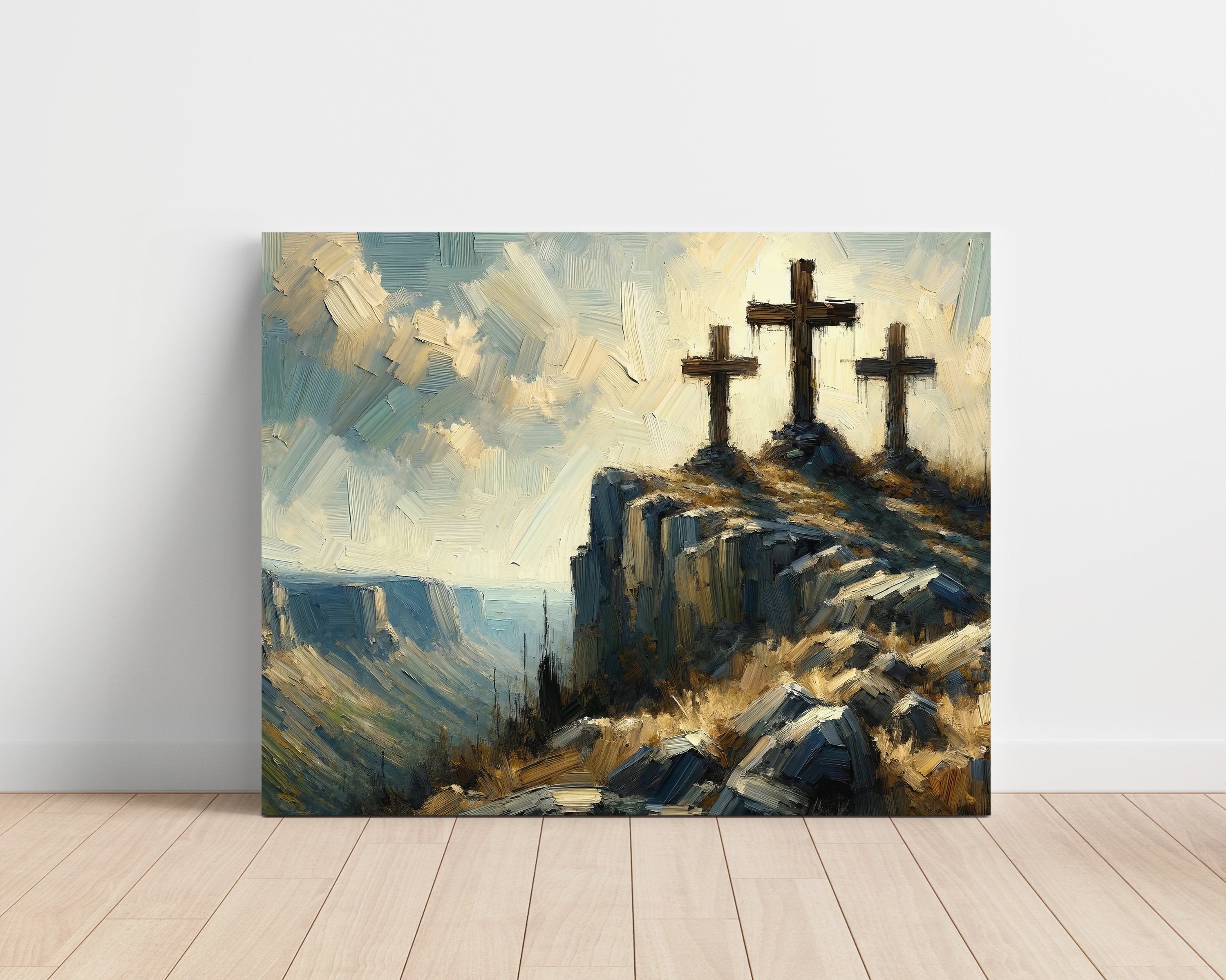 Cross of Calvary Framed Oil Paint Print Canvas Religious Decor ...
