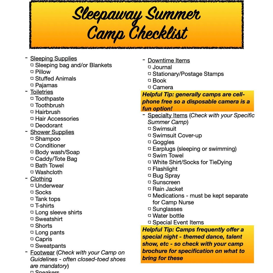 Summer Camp Packing List - Etsy