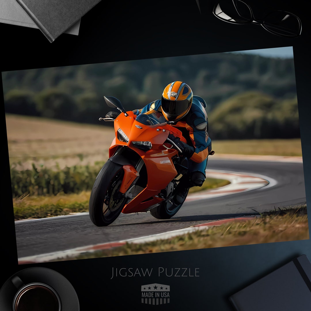 Motorcycle Jigsaw Puzzle, Orange Sports Bike Racing on Track, Perfect ...
