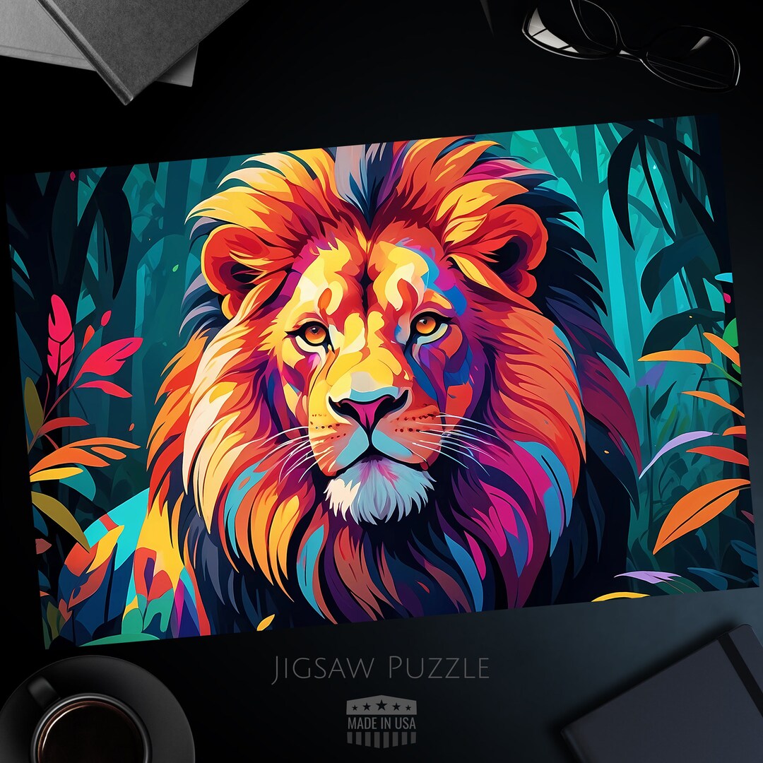 Colorful Lion Art Jigsaw Puzzle, Vibrant Jungle King, Acrylic Style ...