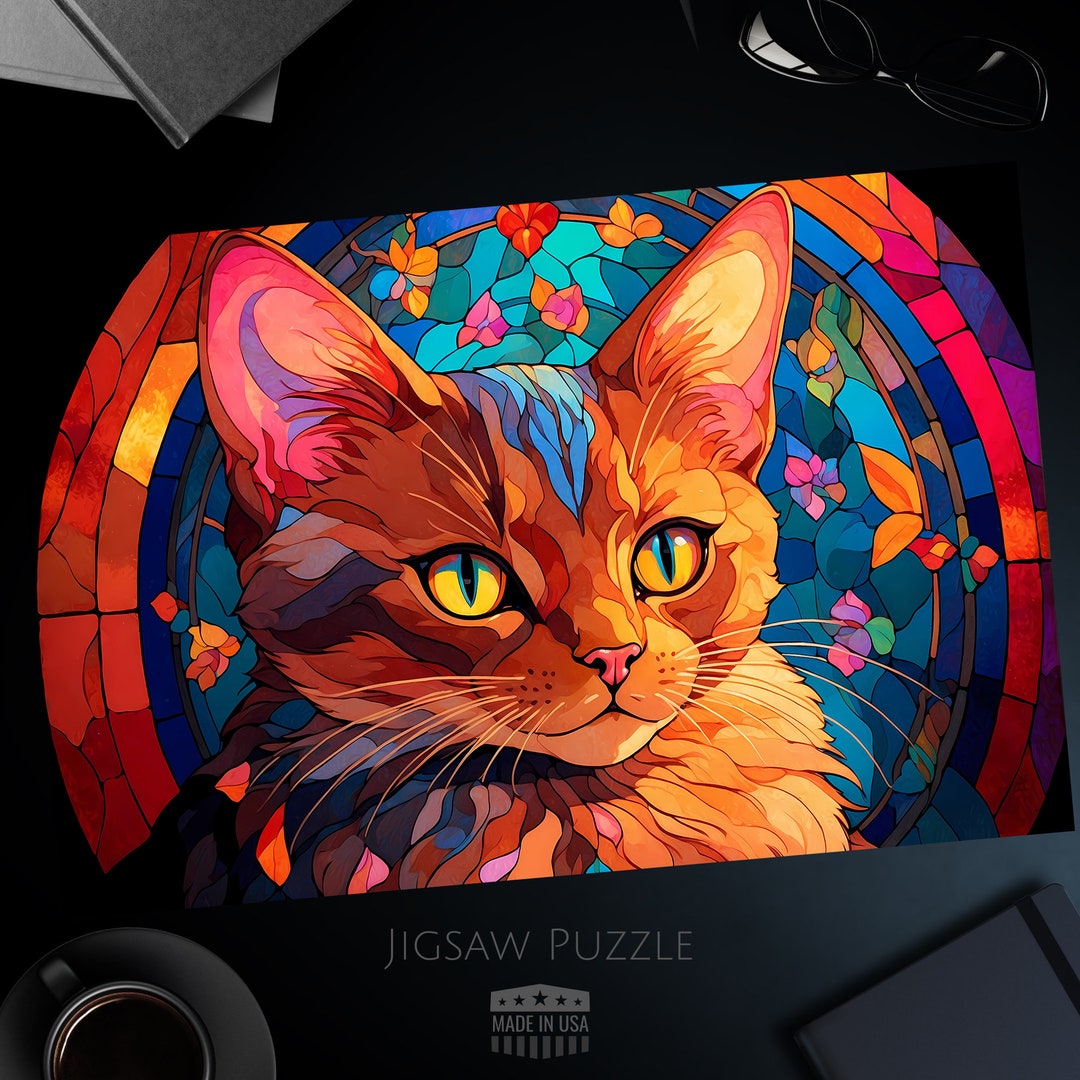 Stained Glass Abyssinian Cat Jigsaw Puzzle: Colorful Art Home Decor - Etsy