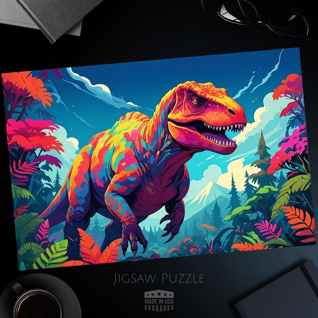 Dinosaur Jungle Jigsaw Puzzle: Vibrant T-rex Art - Etsy