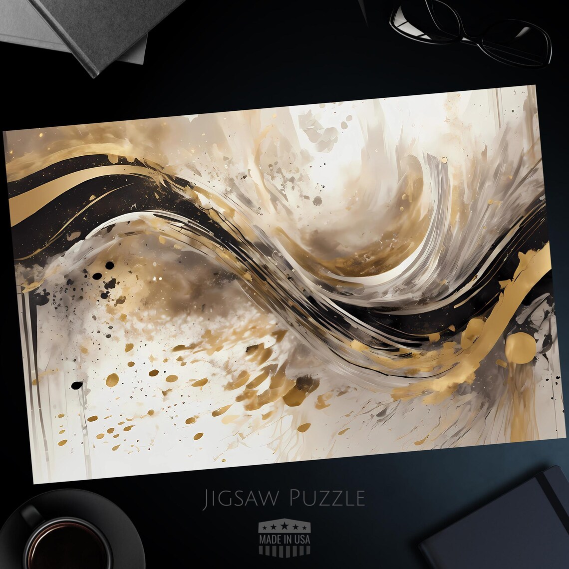 Abstract Art Jigsaw Puzzle, Gold Swirls, Modern Design, Art Gift Idea ...