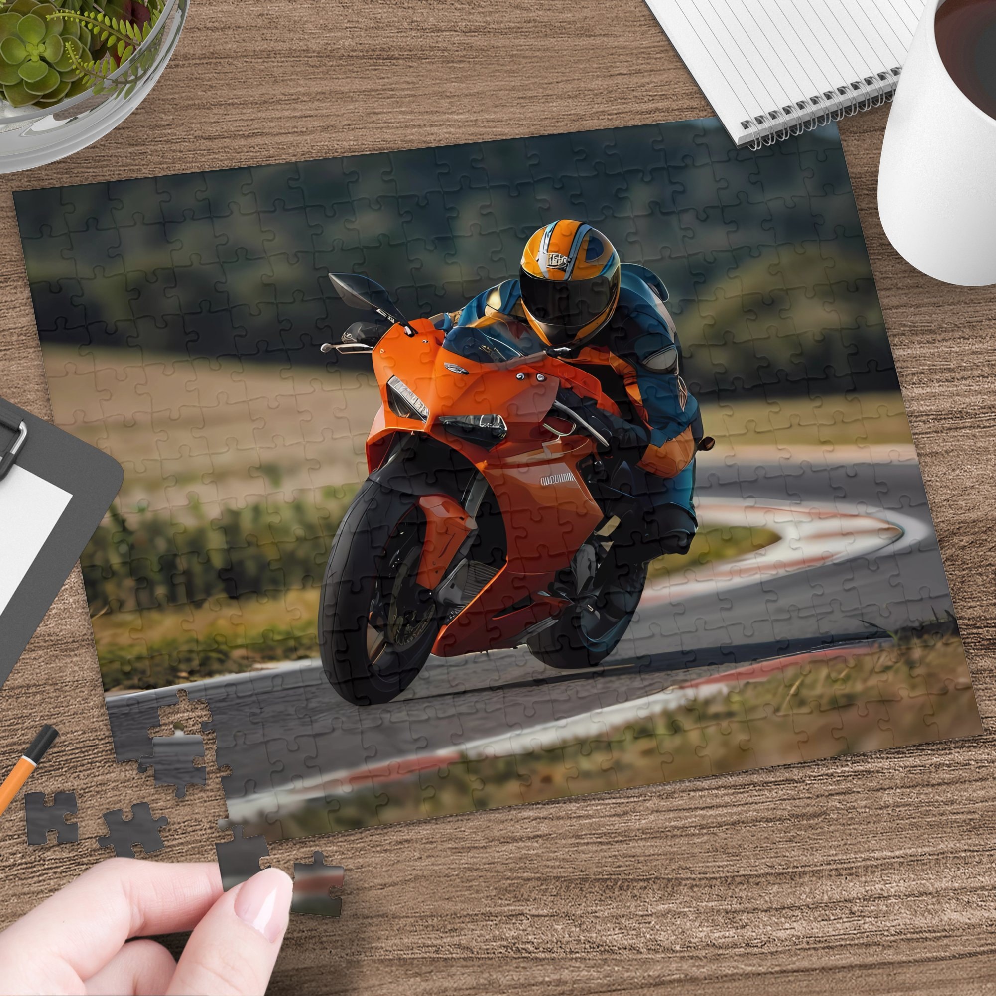 Motorcycle Jigsaw Puzzle, Orange Sports Bike Racing on Track, Perfect ...