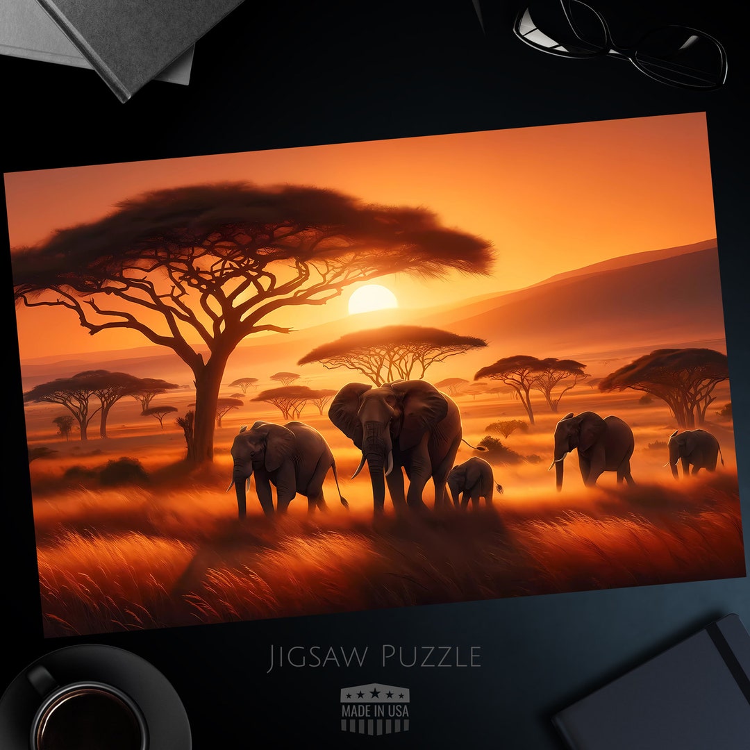 Relaxing Safari Elephants Jigsaw Puzzle – Sunset Wildlife Scenery for ...