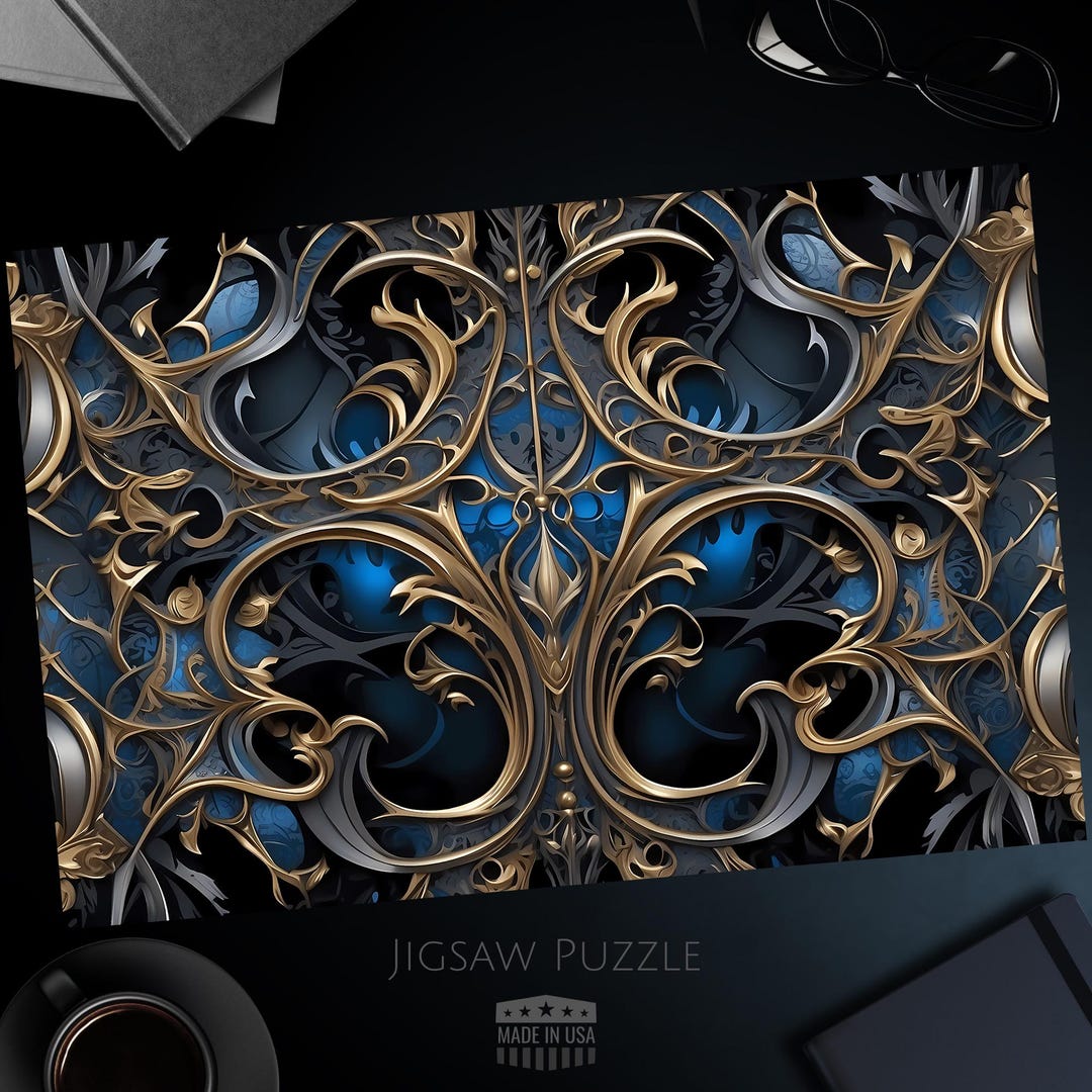Elegant Gold Blue Swirl Jigsaw Puzzle, Art Nouveau Puzzles, Modern ...