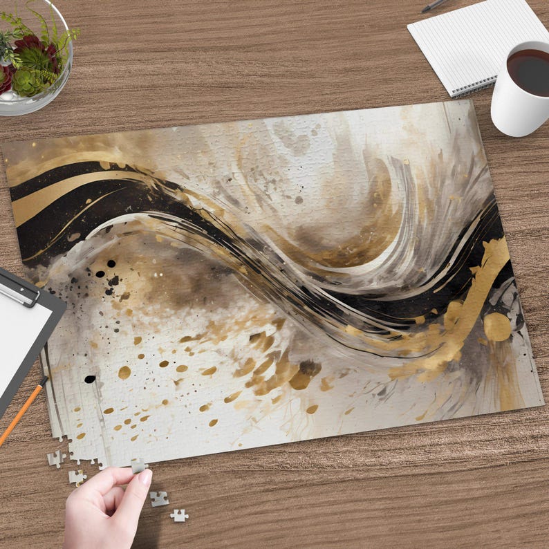 Abstract Art Jigsaw Puzzle, Gold Swirls, Modern Design, Art Gift Idea ...