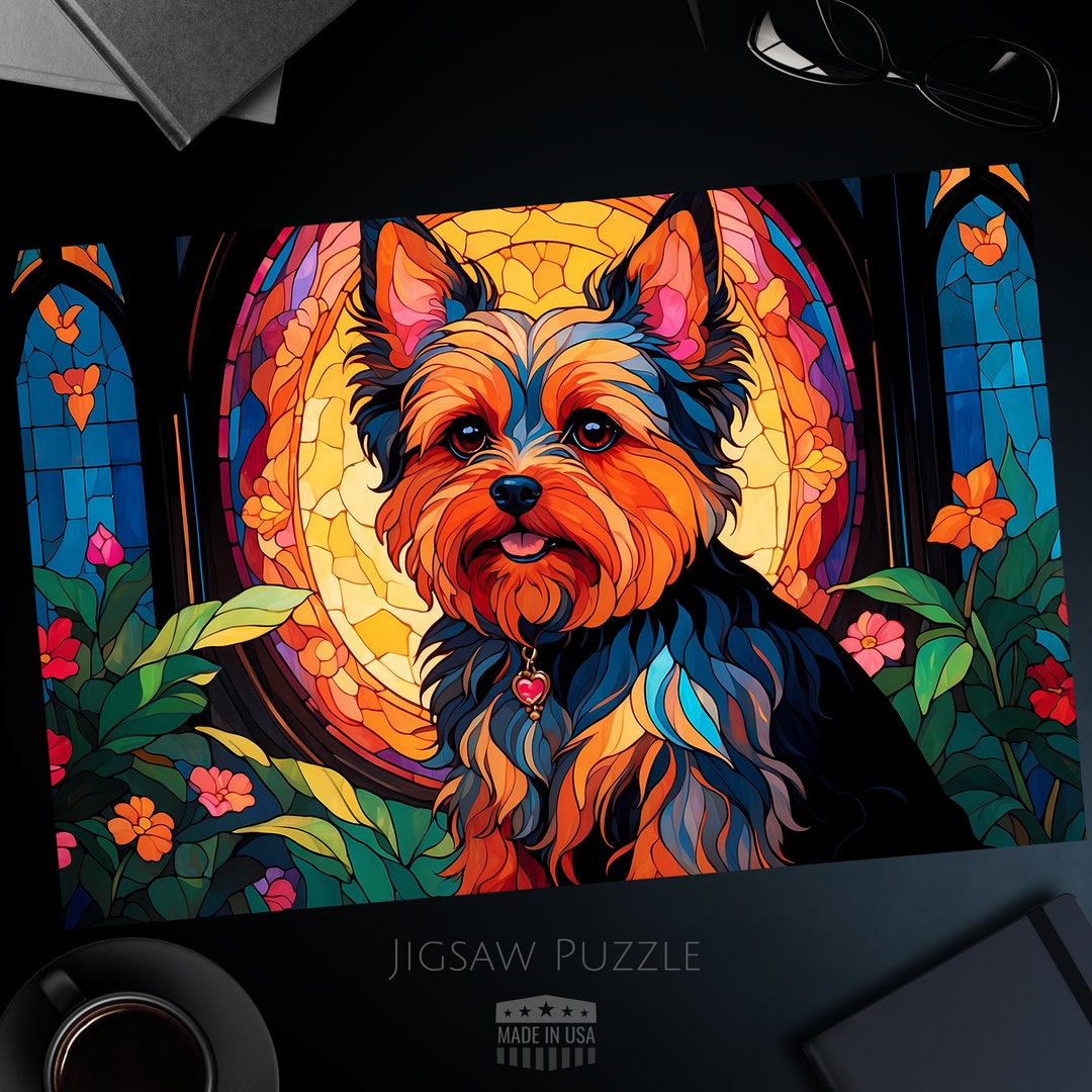 Colorful Yorkie Stained Glass Art Jigsaw Puzzle, Cute Yorkshire Terrier ...