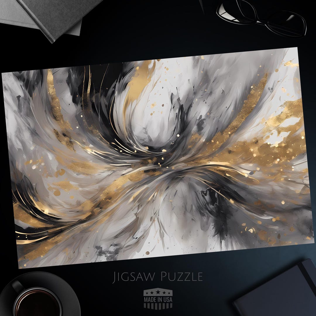 Abstract Art Jigsaw Puzzle, Black and Gold Swirl Design, Challenging ...