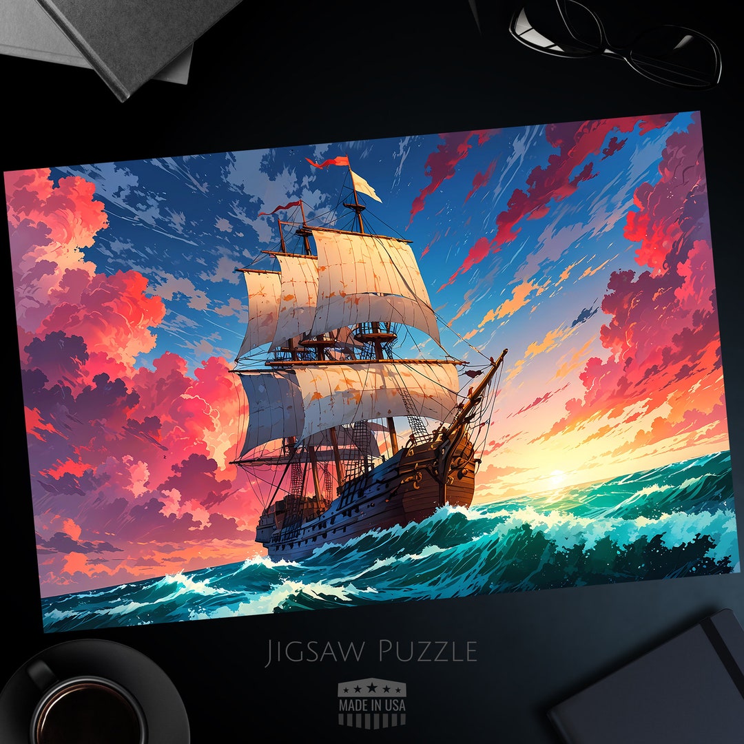 Vintage Sailing Ship Jigsaw Puzzle, Tallship, Sail Boat, Sunset Ocean ...