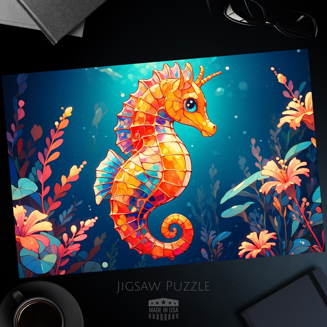 Stained Glass Style Seahorse Jigsaw Puzzle, Vibrant Ocean Theme Decor ...