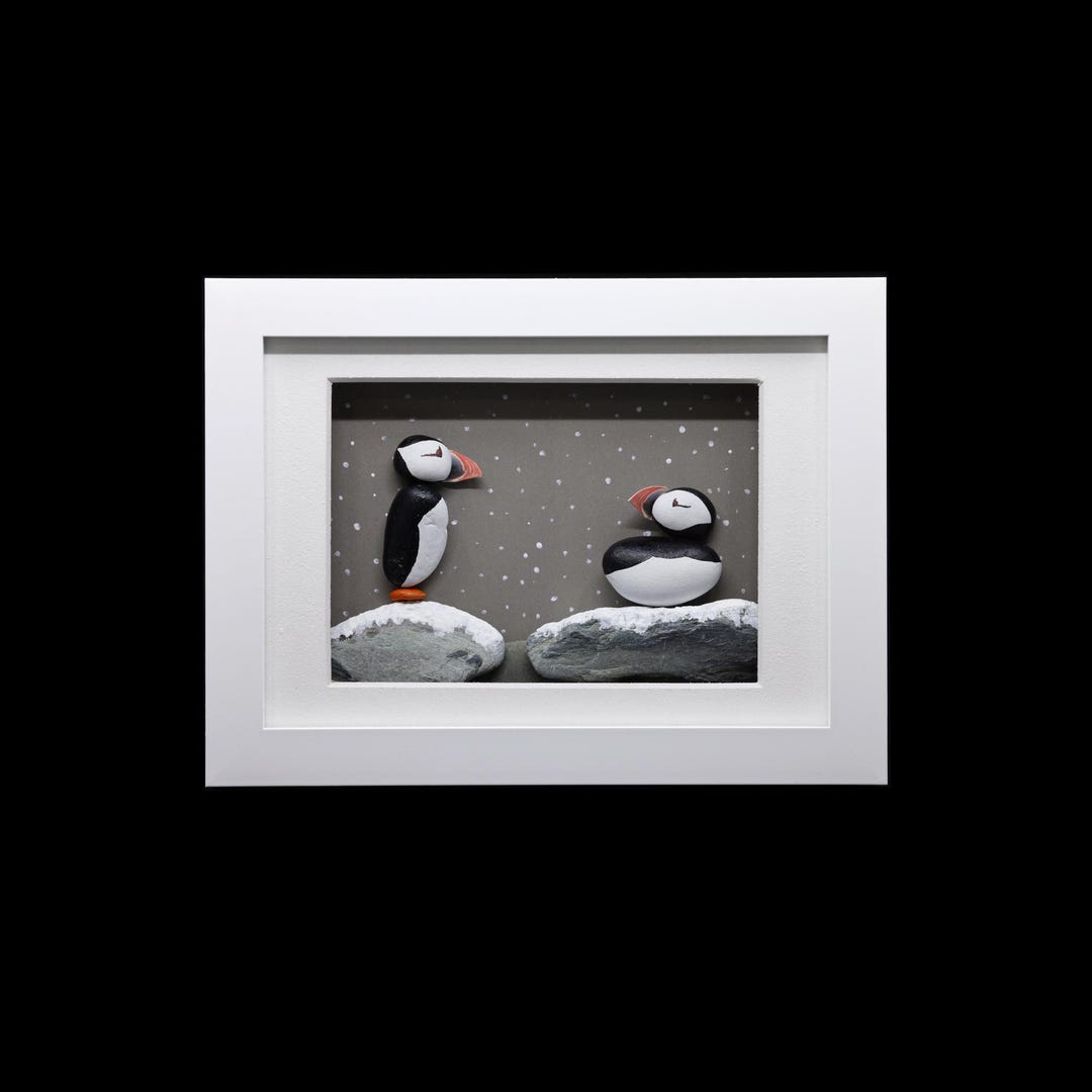 Puffins Frosty Perch, 3D Pebble Art Picture, White Shadow Box Frame ...