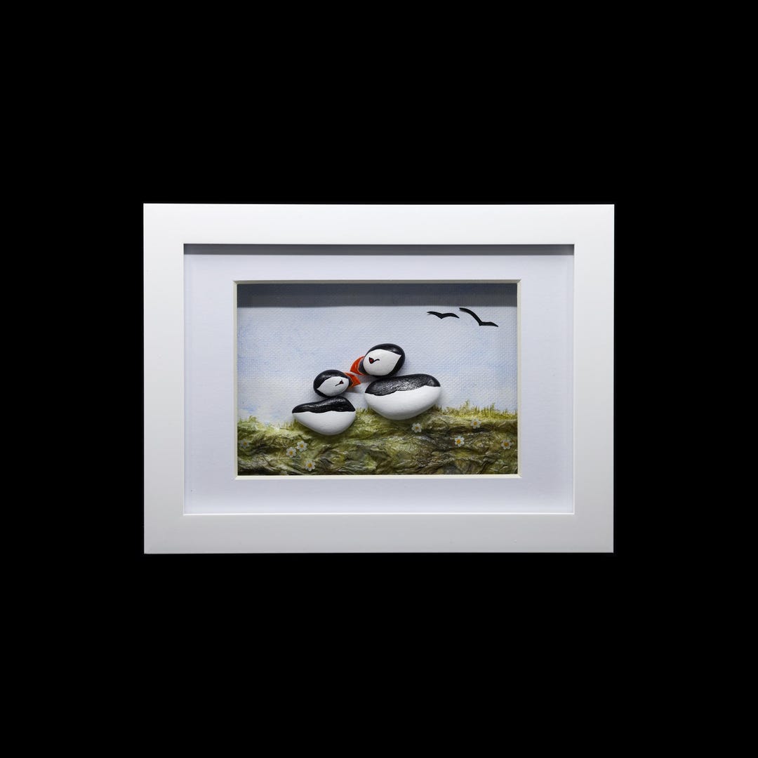 Puffin Family Moment, Beach Pebble Art, Puffin Lovers Gift, White ...