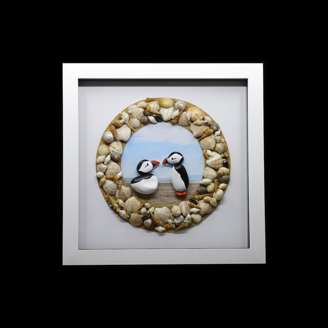 Pebble Puffins in A Seashell Embrace, 3D Pebble Art Picture, White ...