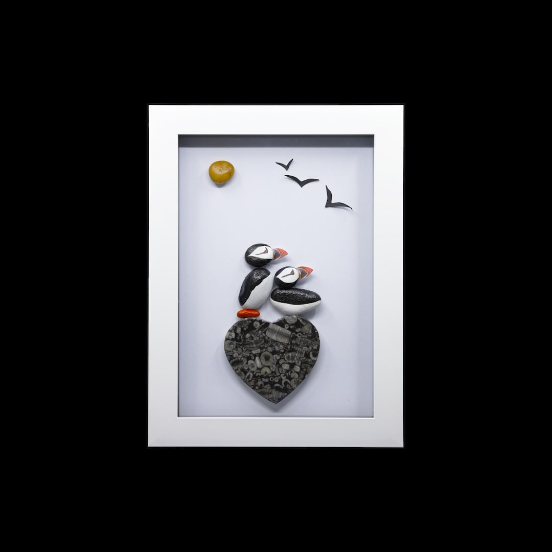 The Heart Stone Puffins, Beach Pebble Art, White Shadow Box Frame ...
