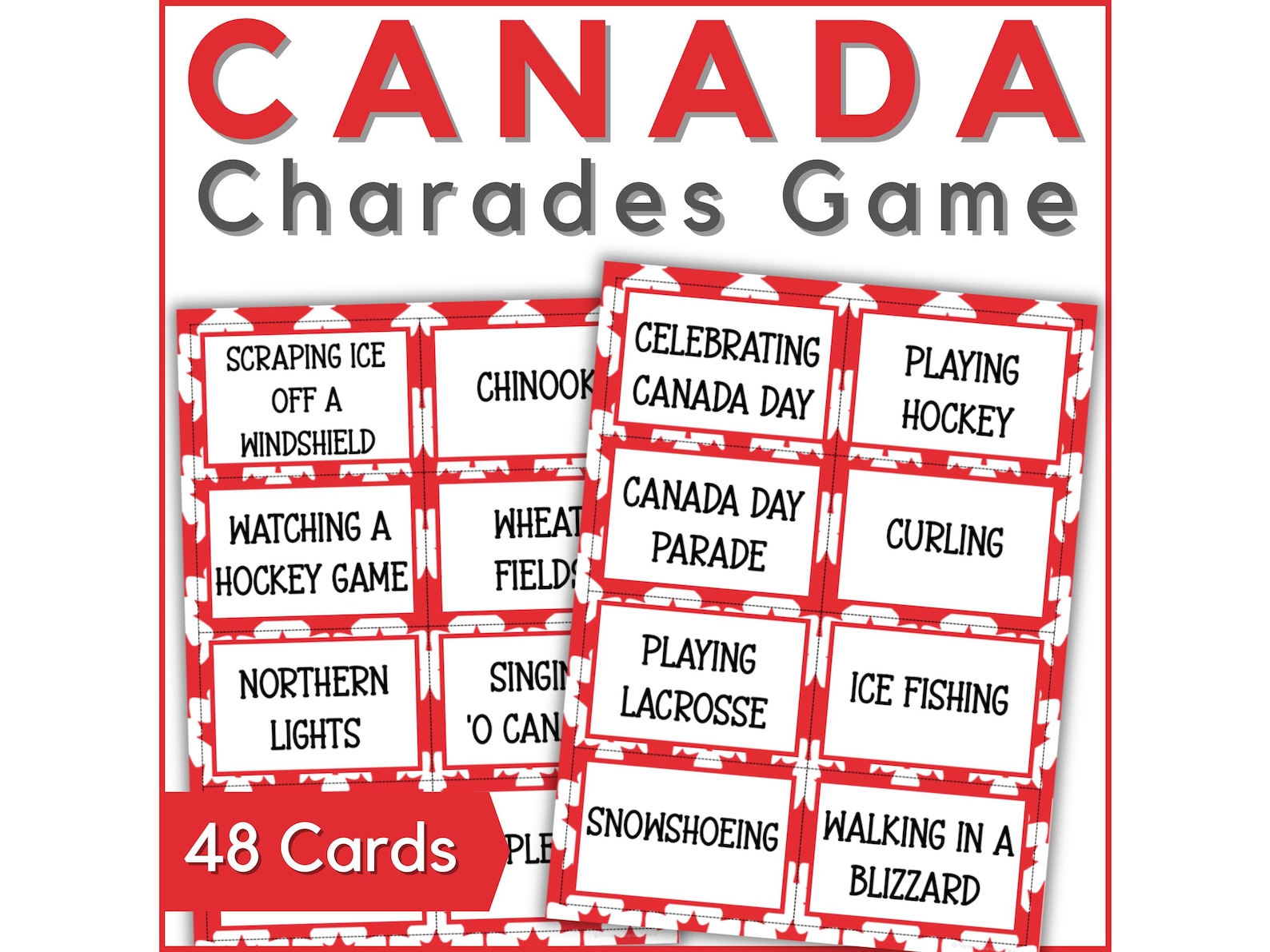 Canada Printable Charades Cards - Canada Day Party Game - Canadian ...
