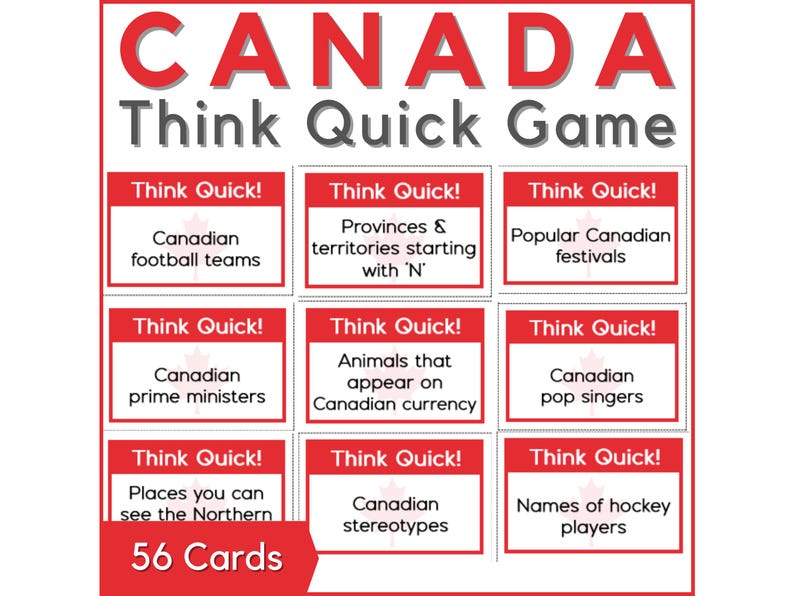 Canada Day Printable Party Game - a Fast Paced Think Quick Canadian ...