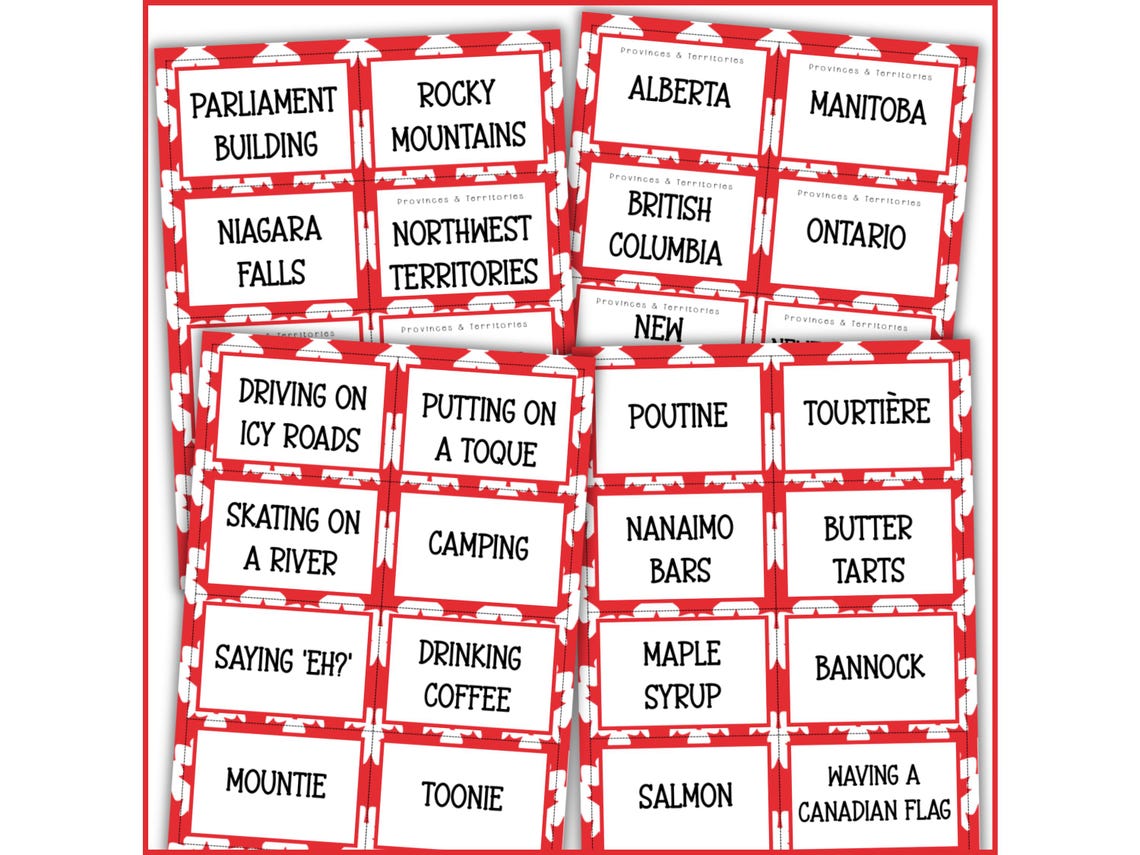 Canada Printable Charades Cards - Canada Day Party Game - Canadian ...