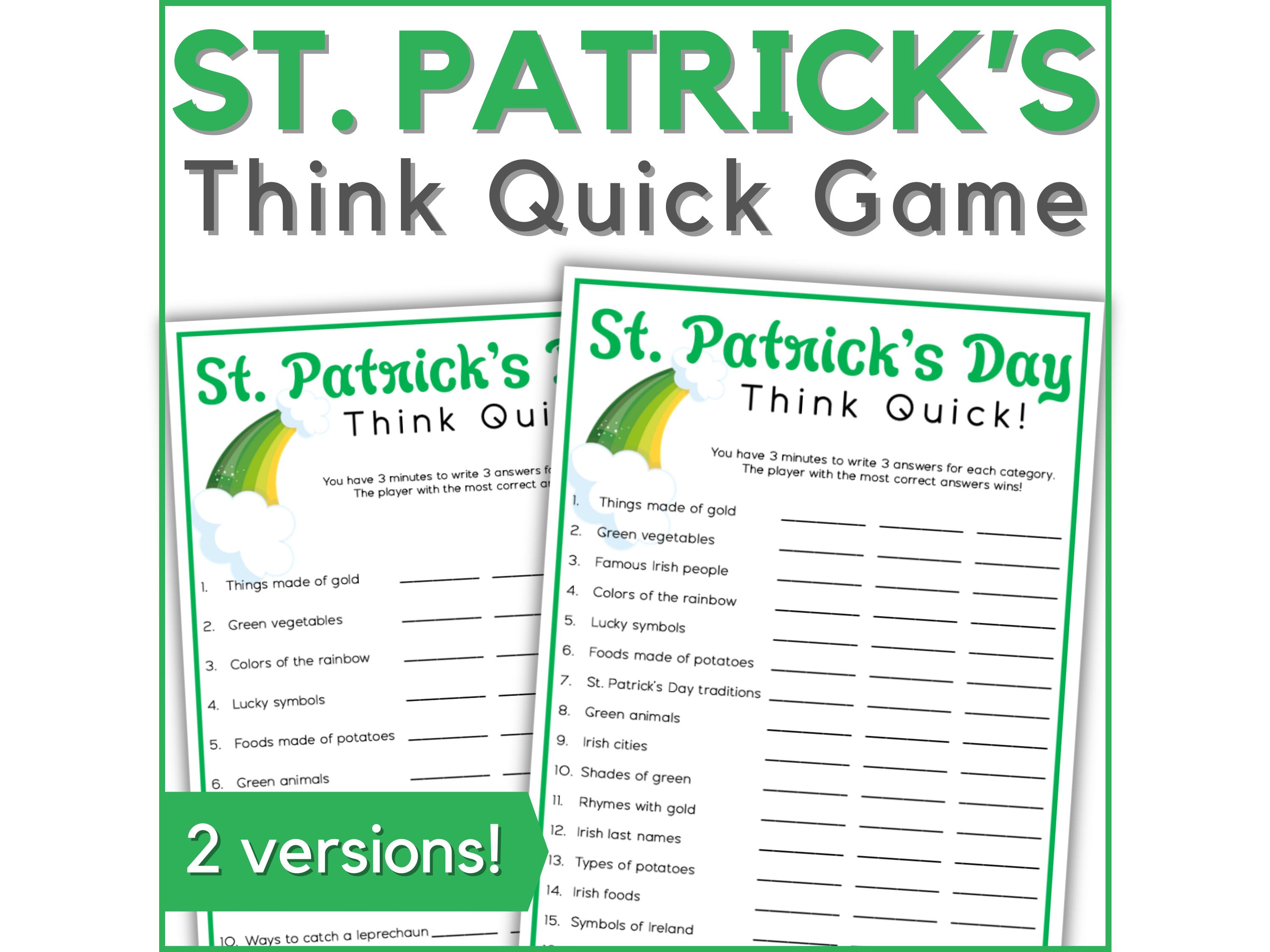 St. Patrick's Day Think Quick Game - a Fast Paced St. Patrick's Day ...