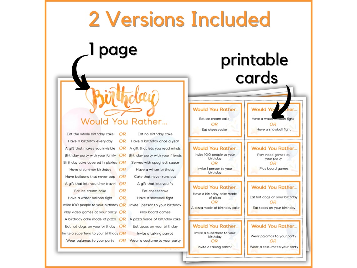 Birthday Would You Rather Game - Printable This or That Style Fun ...