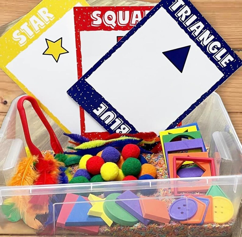 Colors & Shapes Sensory Bin, Fine Motor, Color Sorting, Shape Sorting ...