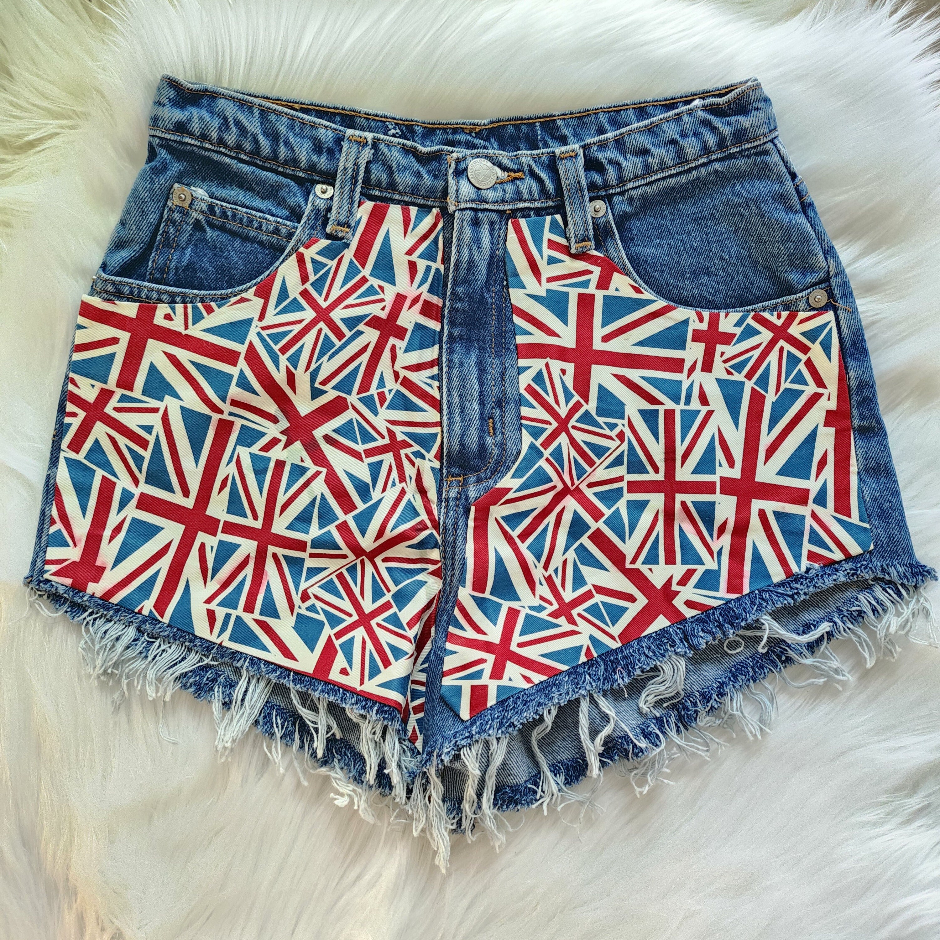 Vtg Faded Glory Union Jack British Flag Denim Frayed Jean Shorts - Size ...