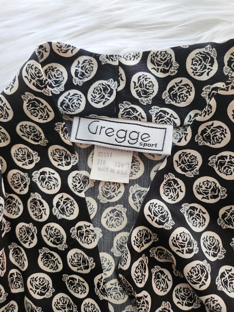 Vintage 80s Black & White Rose Pattern Silk-like Polyester Cross Chest ...