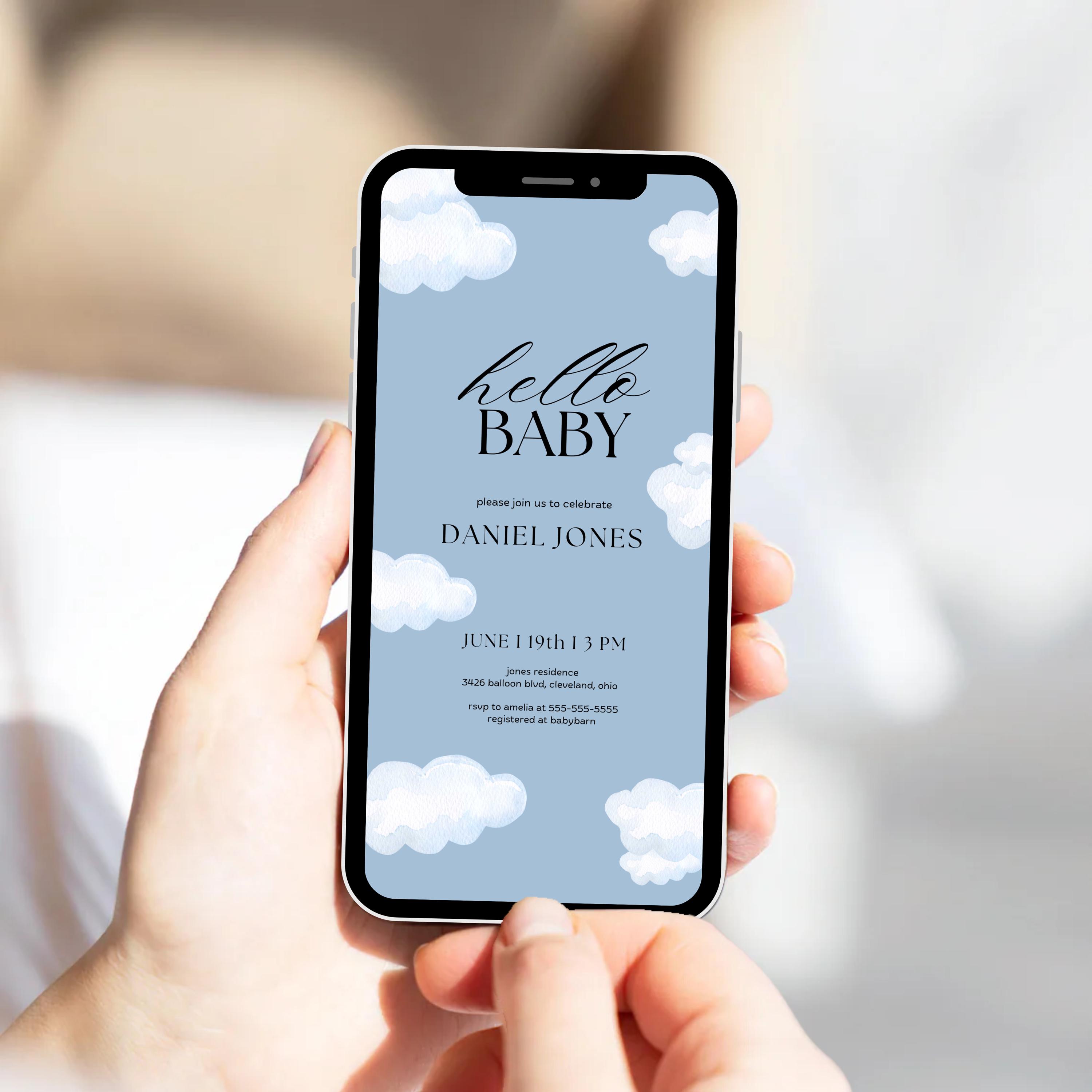 Hello Baby Blue Cloud Baby Shower Invitation Template I Editable Canva ...
