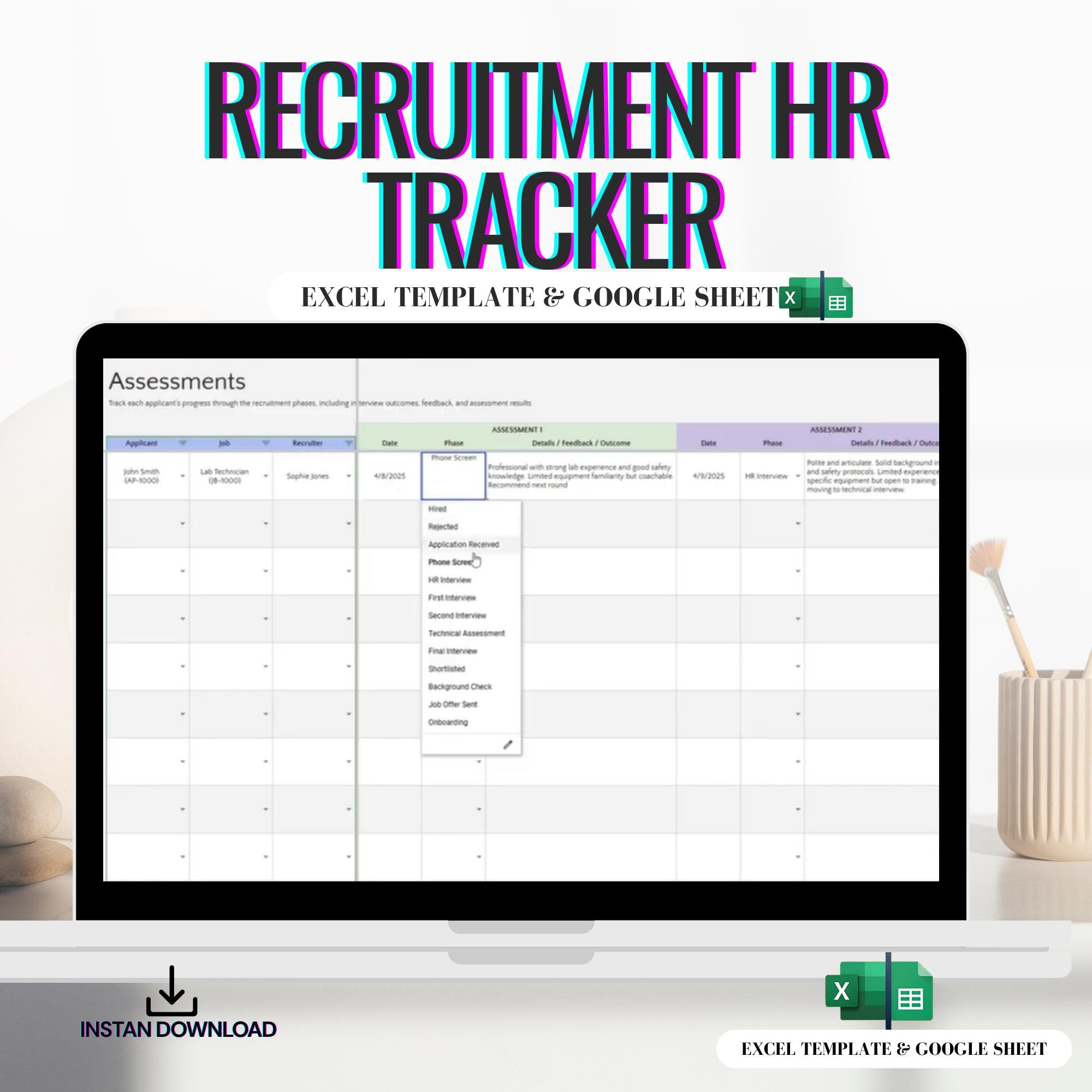 Recruitment Tracker Excel Template | HR Hiring Dashboard (instant ...