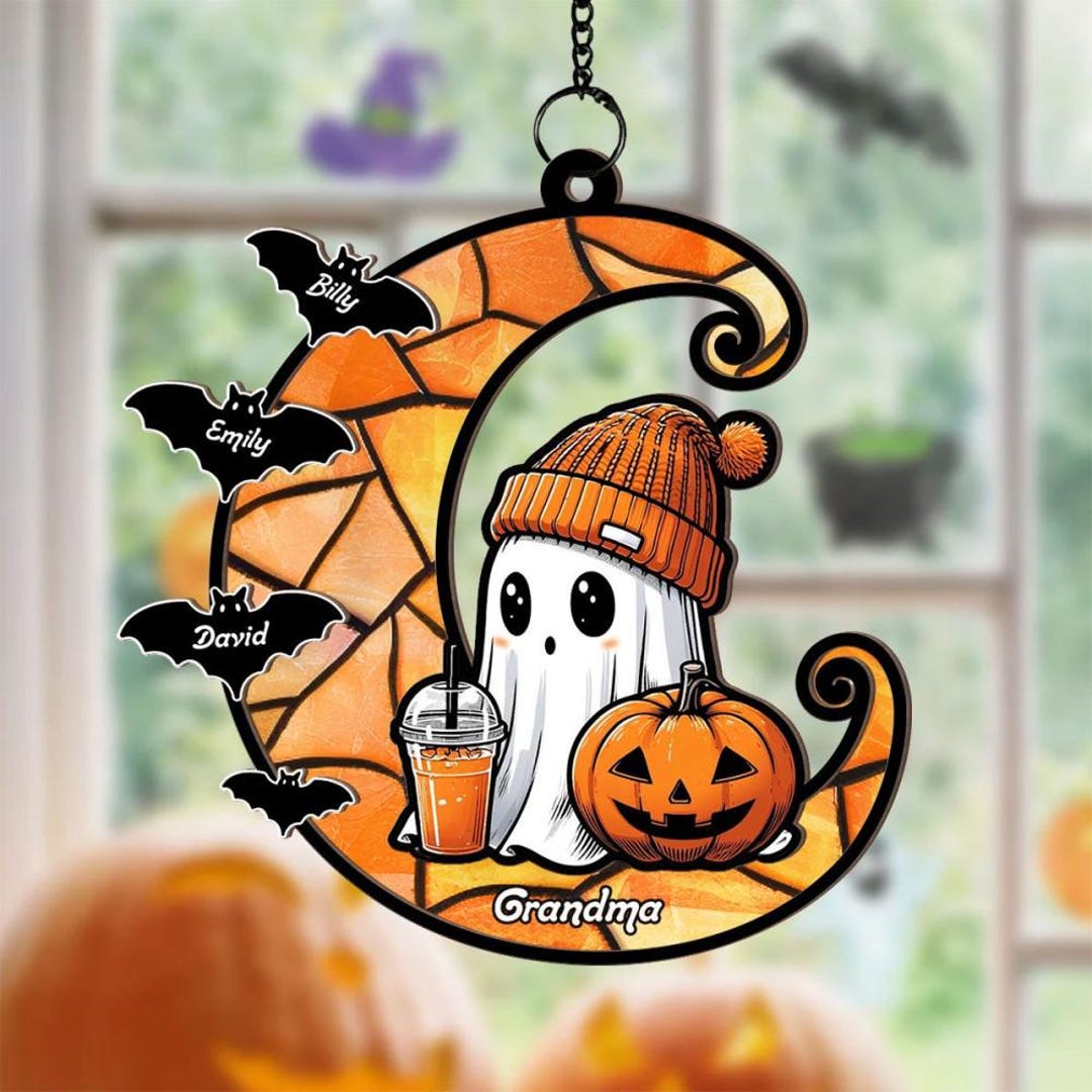 Halloween Grandma Boo & Bats Kids on Moon Personalized Suncatcher, Gift ...