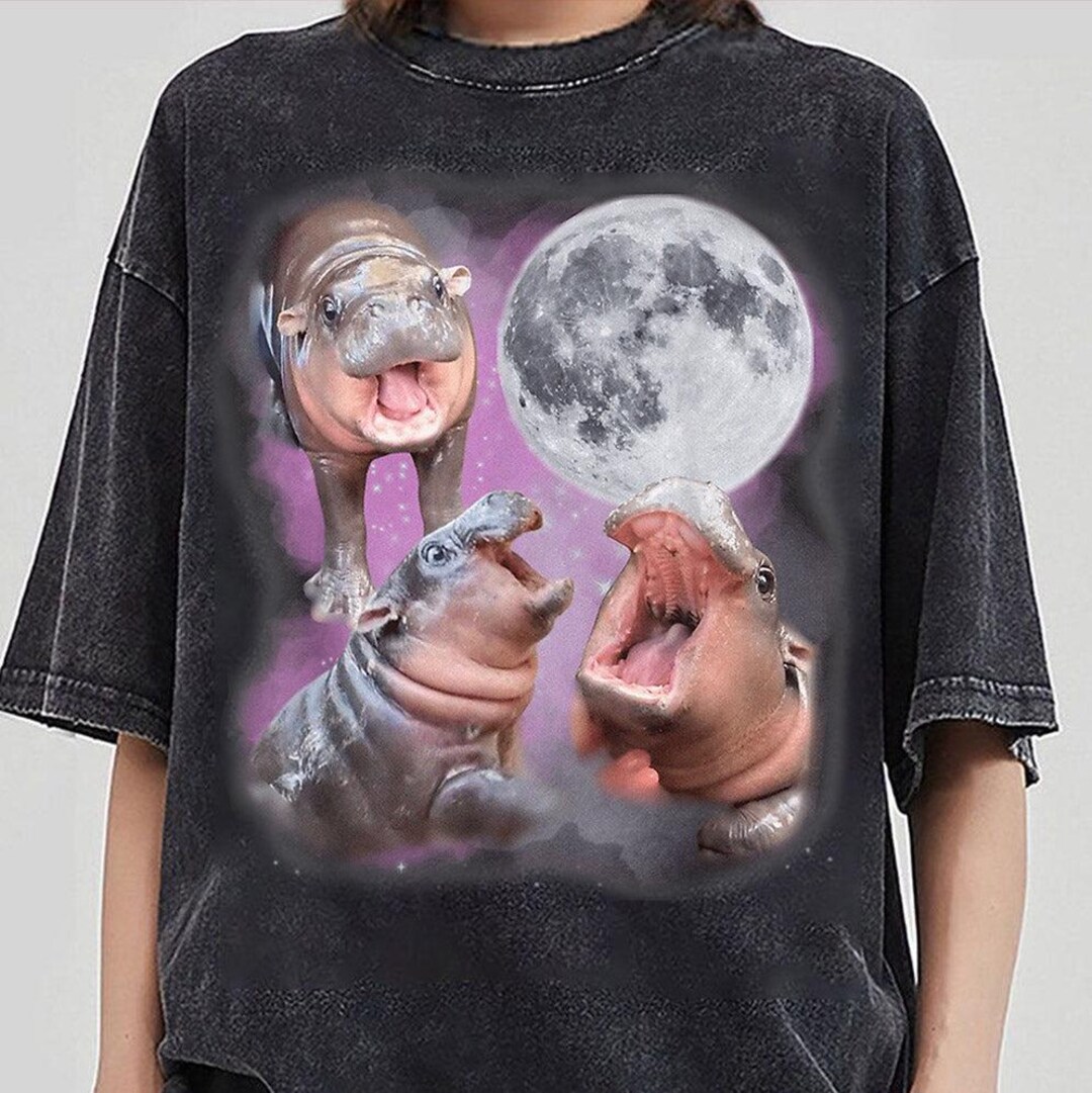Vintage Moo Deng With the Moon Shirt, Moo Deng Shirt, Cute Baby Hippo ...