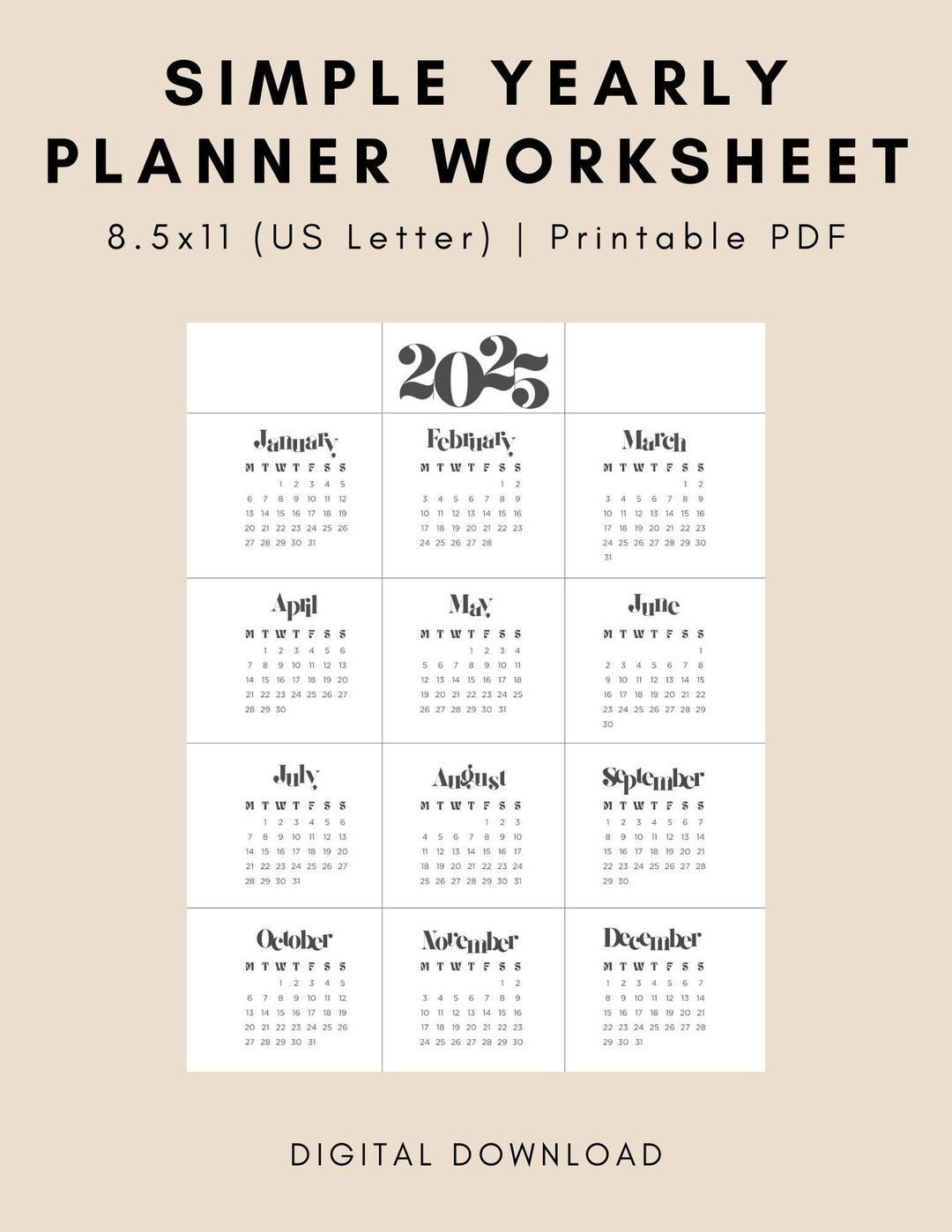 2025 Calander Printable Worksheet PDF Instant Download Yearly 1 Page ...
