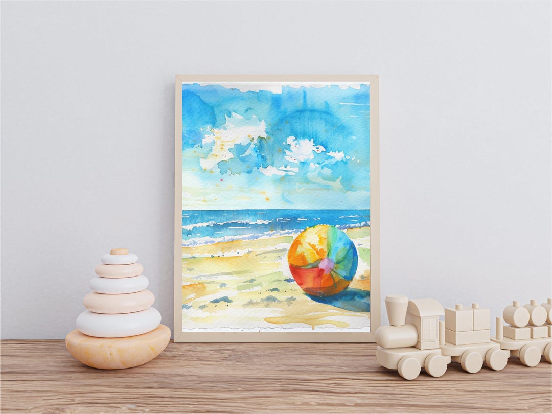 Watercolor Beach Day Poster Colorful Beach Ball on Soft Sand Calm Ocean ...